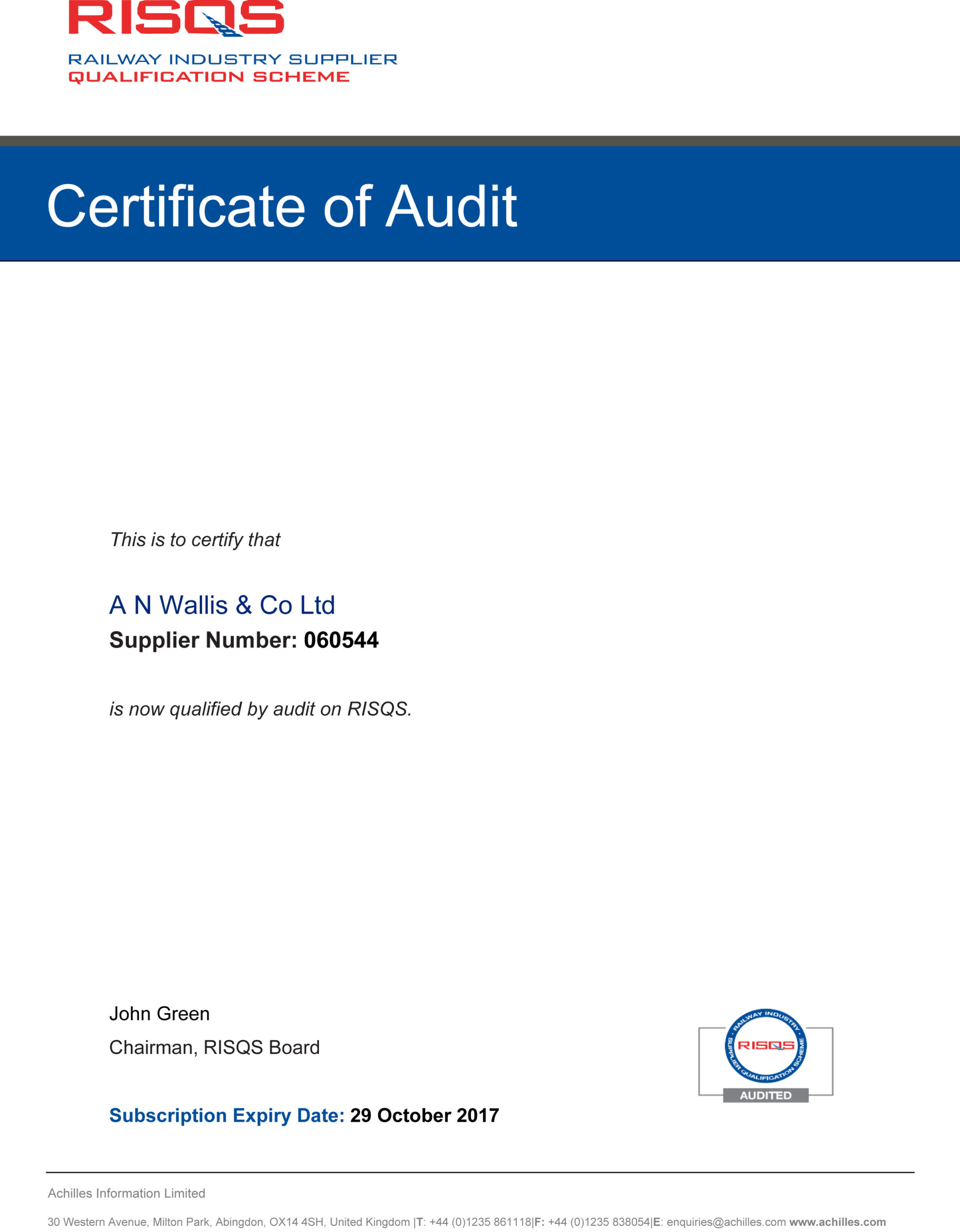 5 Star Rating After RISQS Audit | AN Wallis